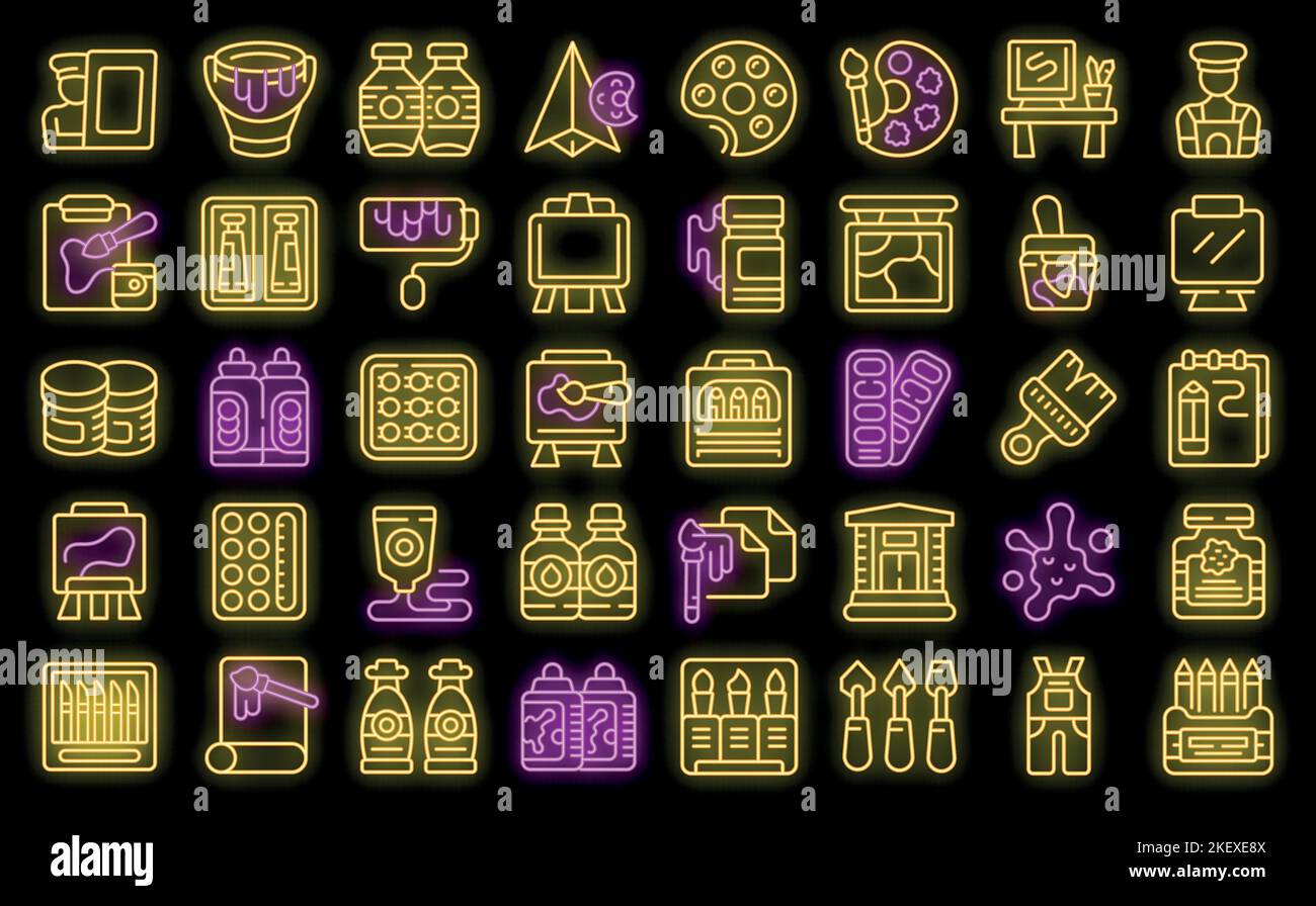 Painting studio icons set outline vector. Woman painter. Cloth artwork ...