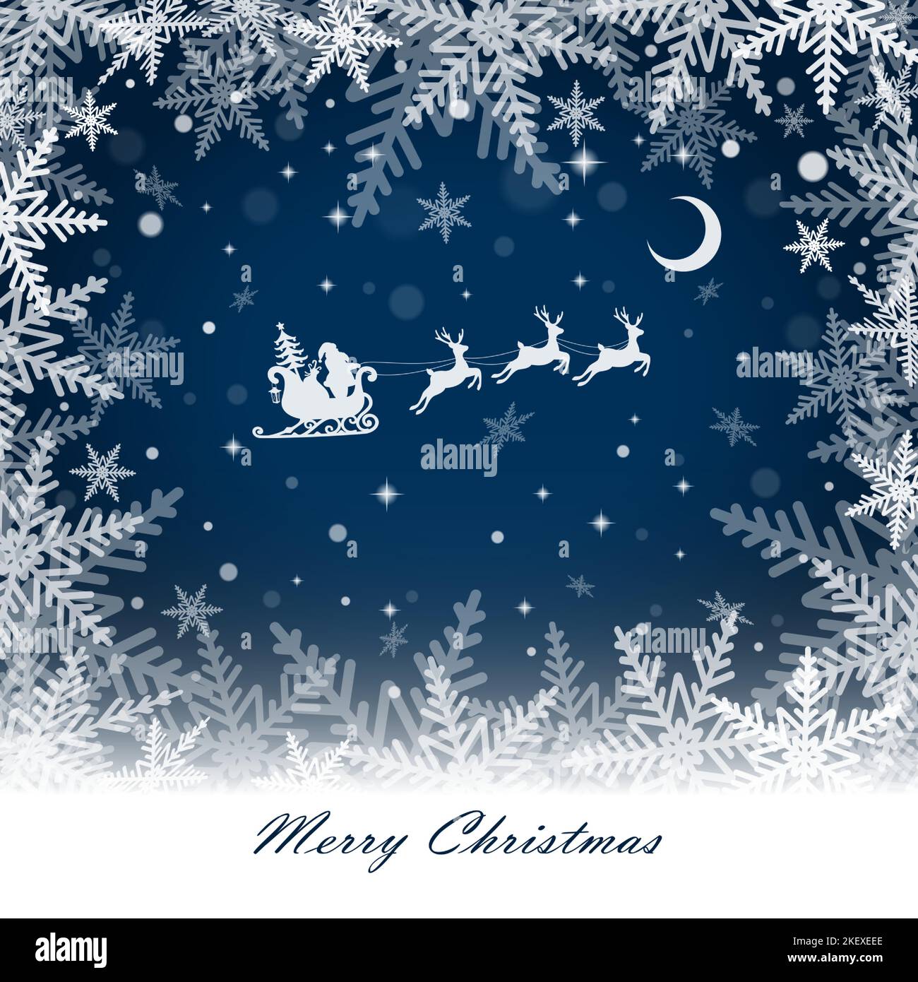 Santa Claus and gifts in sleigh with reindeers pulling the sleigh on forest background. Vector ...