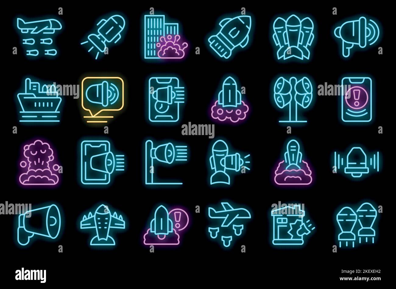 Air Raid icons set outline vector. War bomb. Attack hit neon color on ...