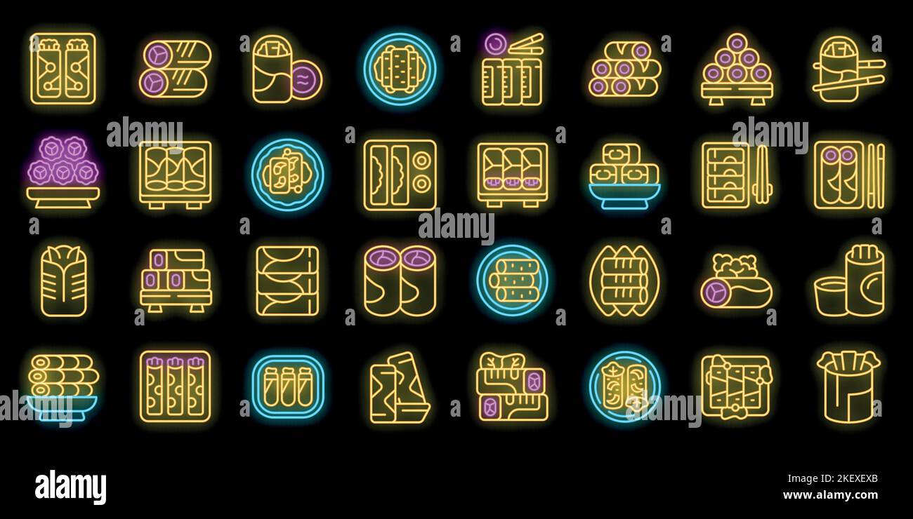 Spring roll icons set outline vector. Asia food. Chinese thai neon ...