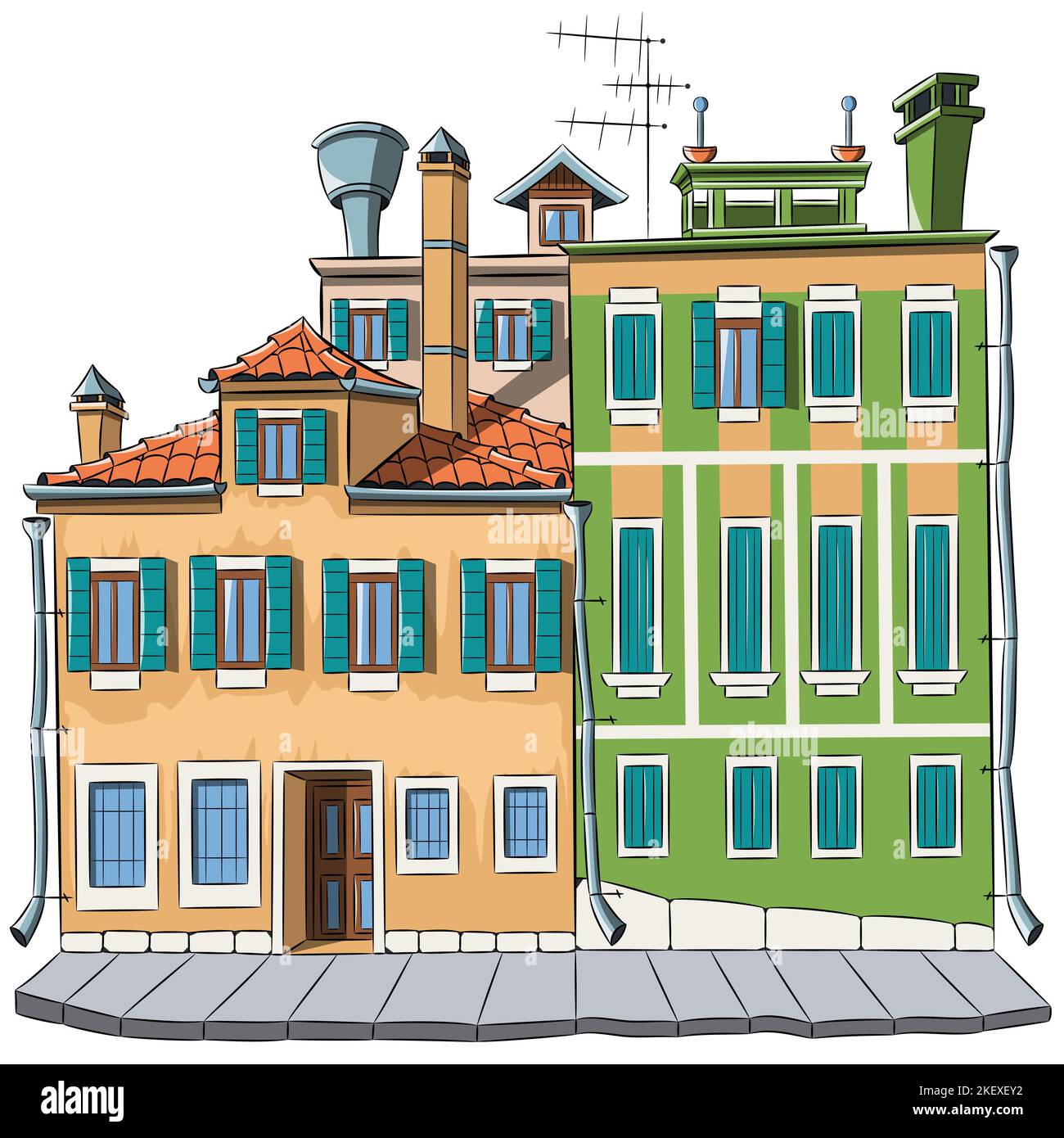 Multicolored facades of old traditional houses isolated on white background. Venice. Italy ...