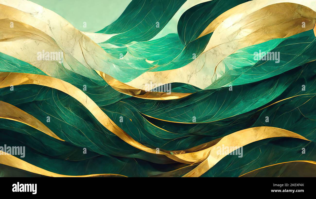 Green and gold trendy gradient abstract waves full frame horizontal ...