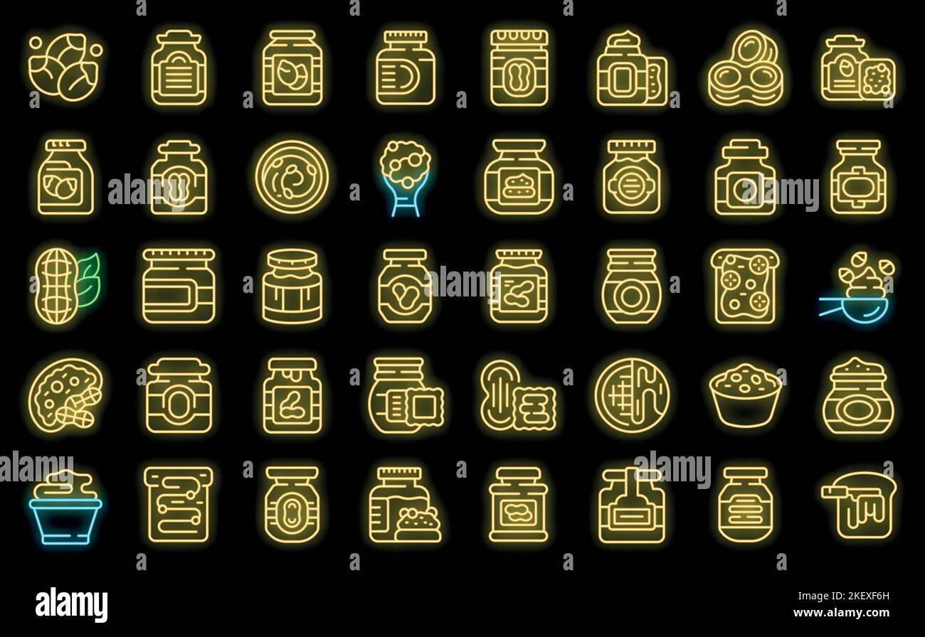 Peanut butter icons set outline vector. Nut allergy. Jelly snack neon ...