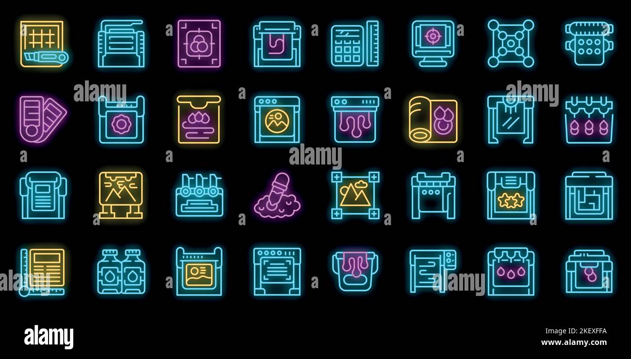 Plotter icons set outline vector. Printer machine. Copy offset neon ...