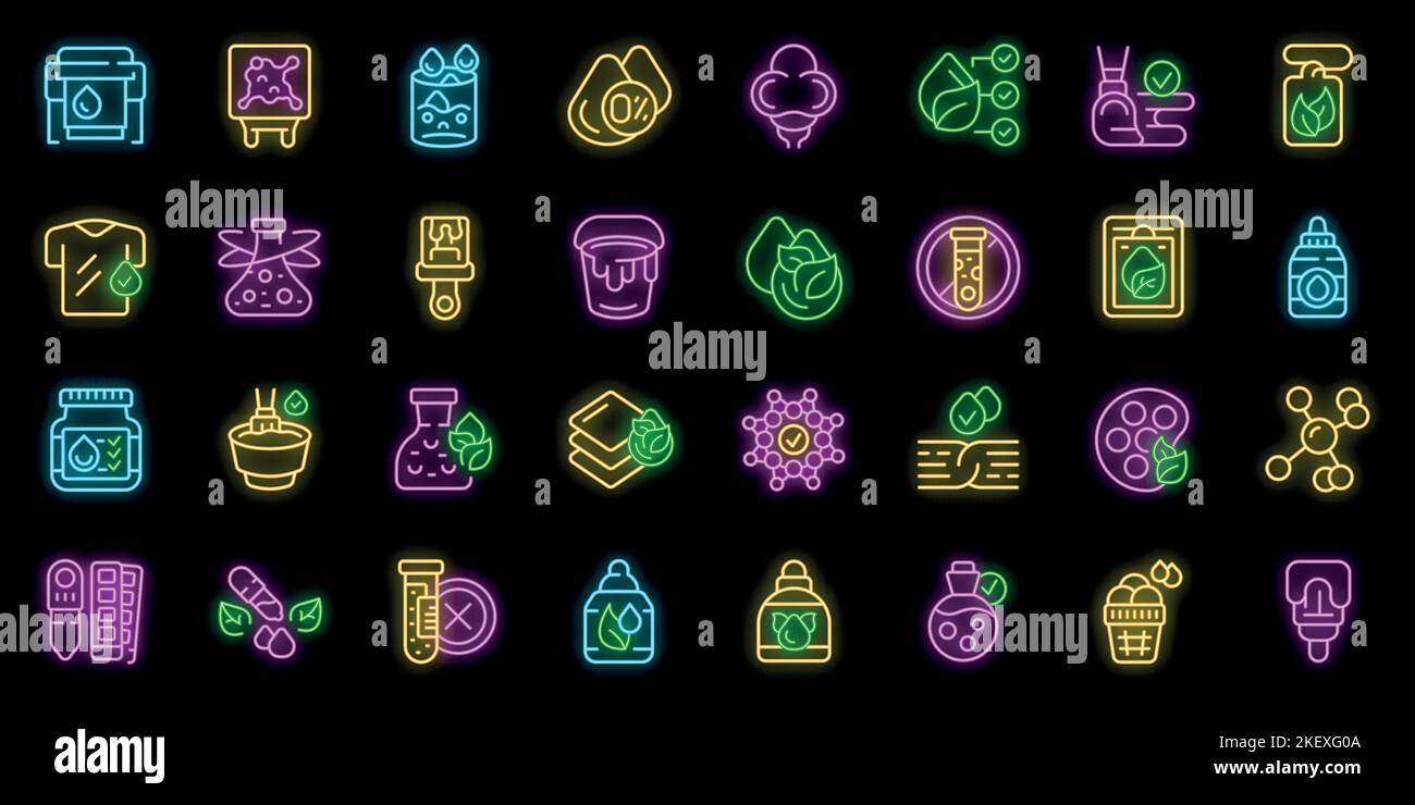 Natural dyes icons set outline vector. Tie ideas. Spiral batik neon ...