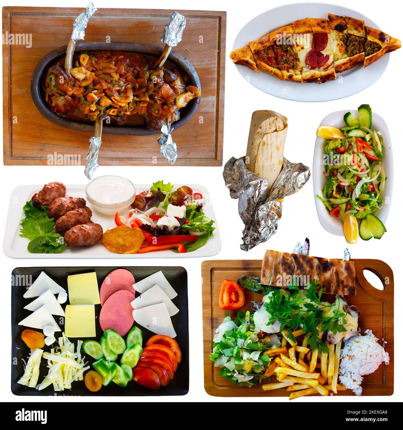 Collection of various traditional Turkish dishes on white background ...