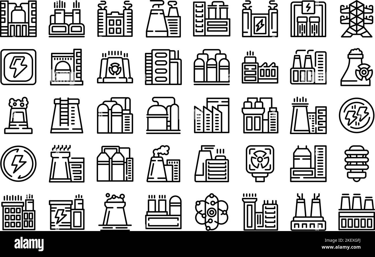 Nuclear power station icons set outline vector. Power energy. Nuclear atom Stock Vector Image ...