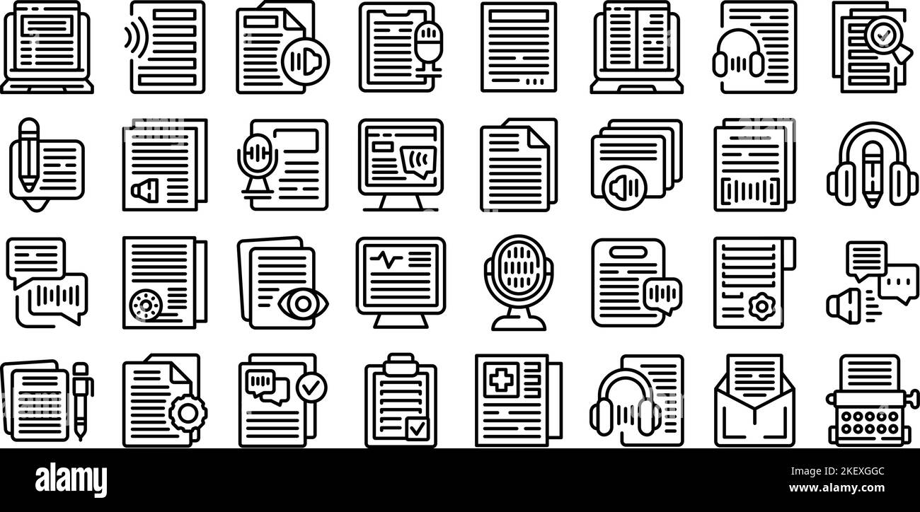 Transcription icons set outline vector. Court career. Audio voice Stock ...