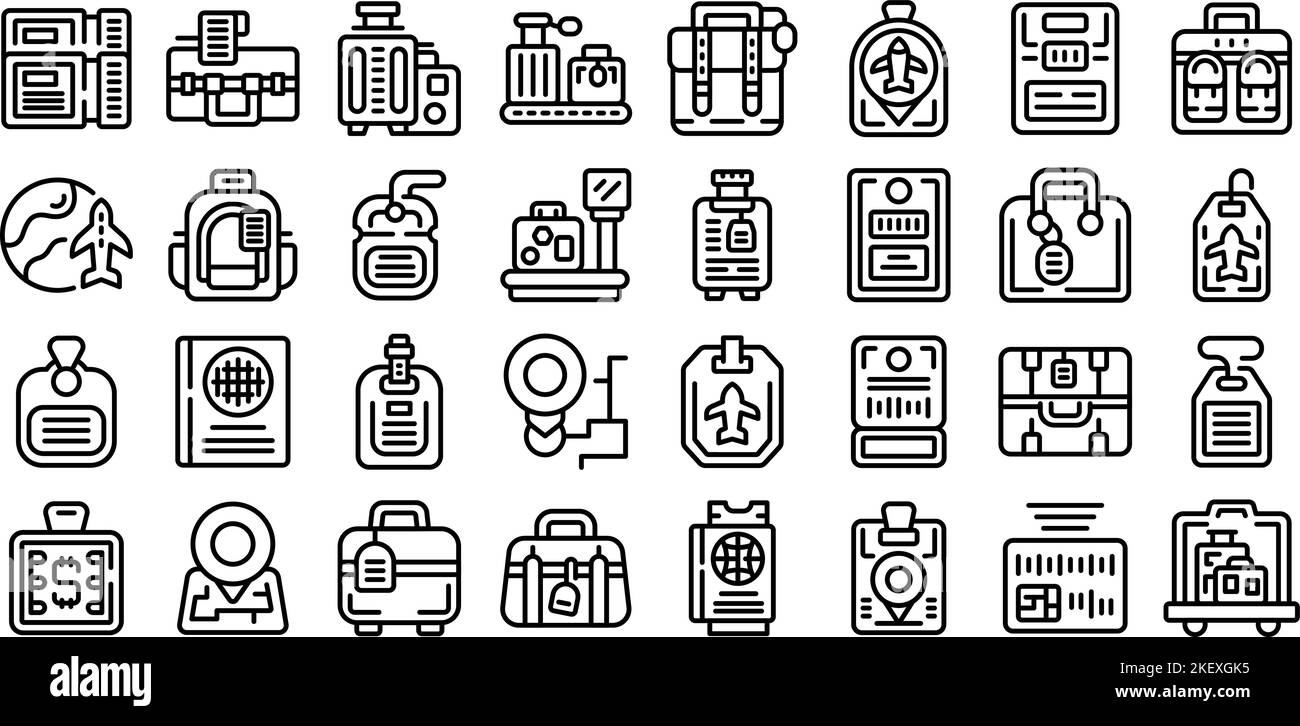 Airport travel tags icons set outline vector. Travel luggage. Plane tag ...