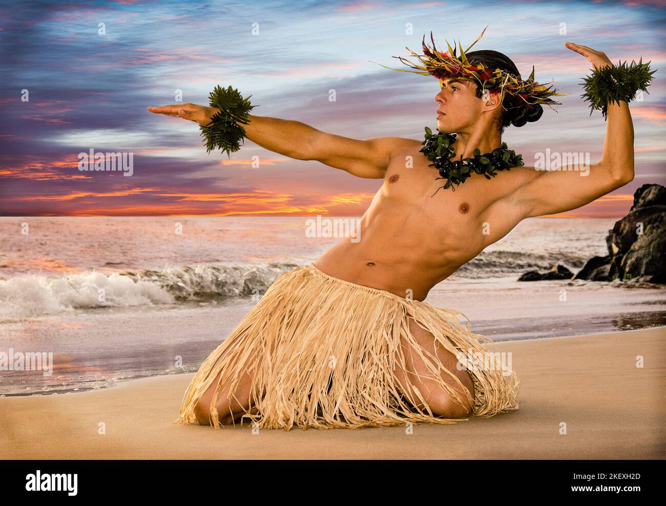 Handsome Male Hula Dancer On The Beach At Sunset In Traditional Costume