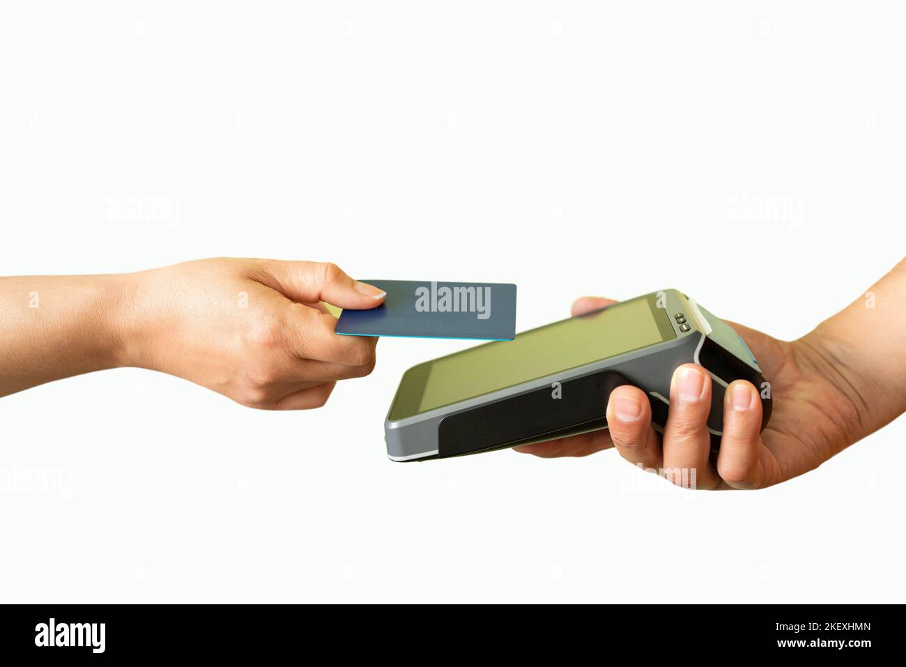 Side view of credit card contactless payment on a white background ...