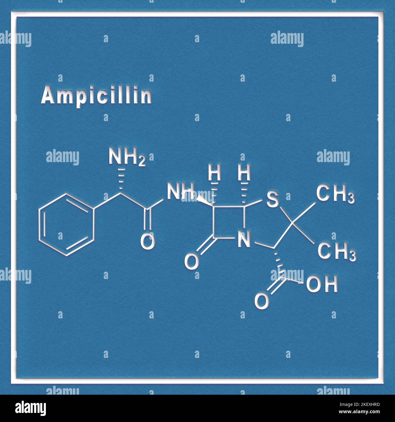 Ampicillin, antibiotic drug, Structural chemical formula on a white ...