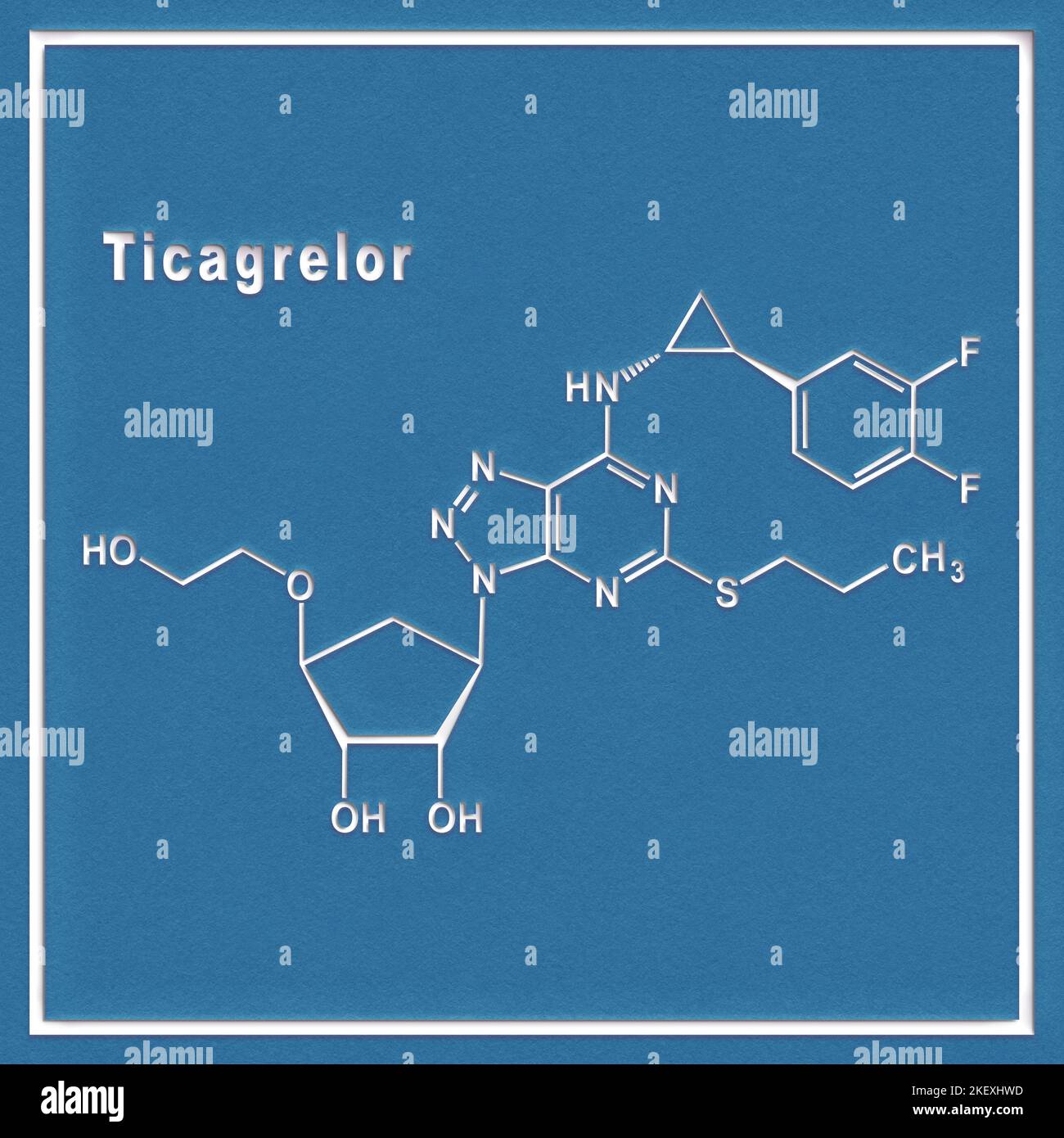 Ticagrelor platelet inhibitor drug, chemical structure on a white ...