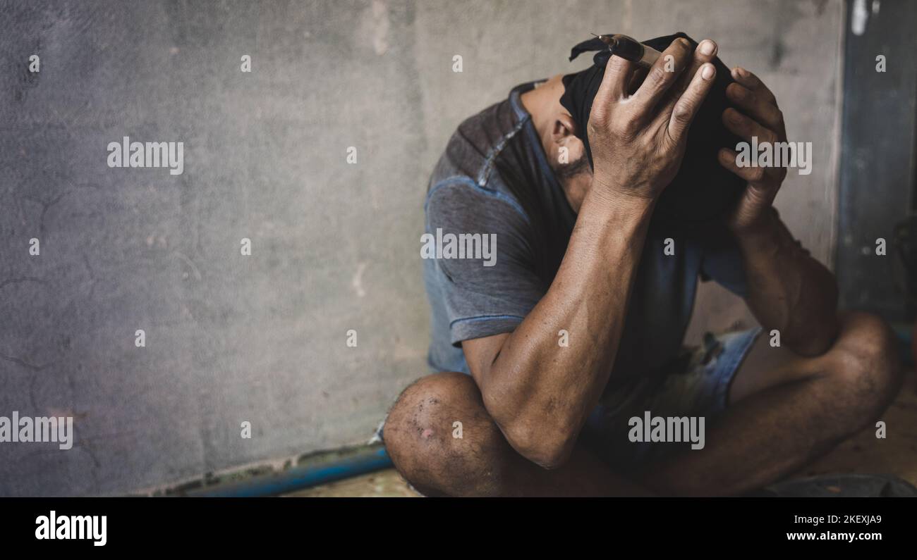 Drugs addiction and withdrawal symptoms concept. Depressed and hopeless ...