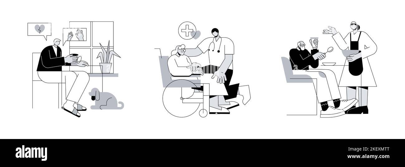 Older people living abstract concept vector illustration set. Social ...