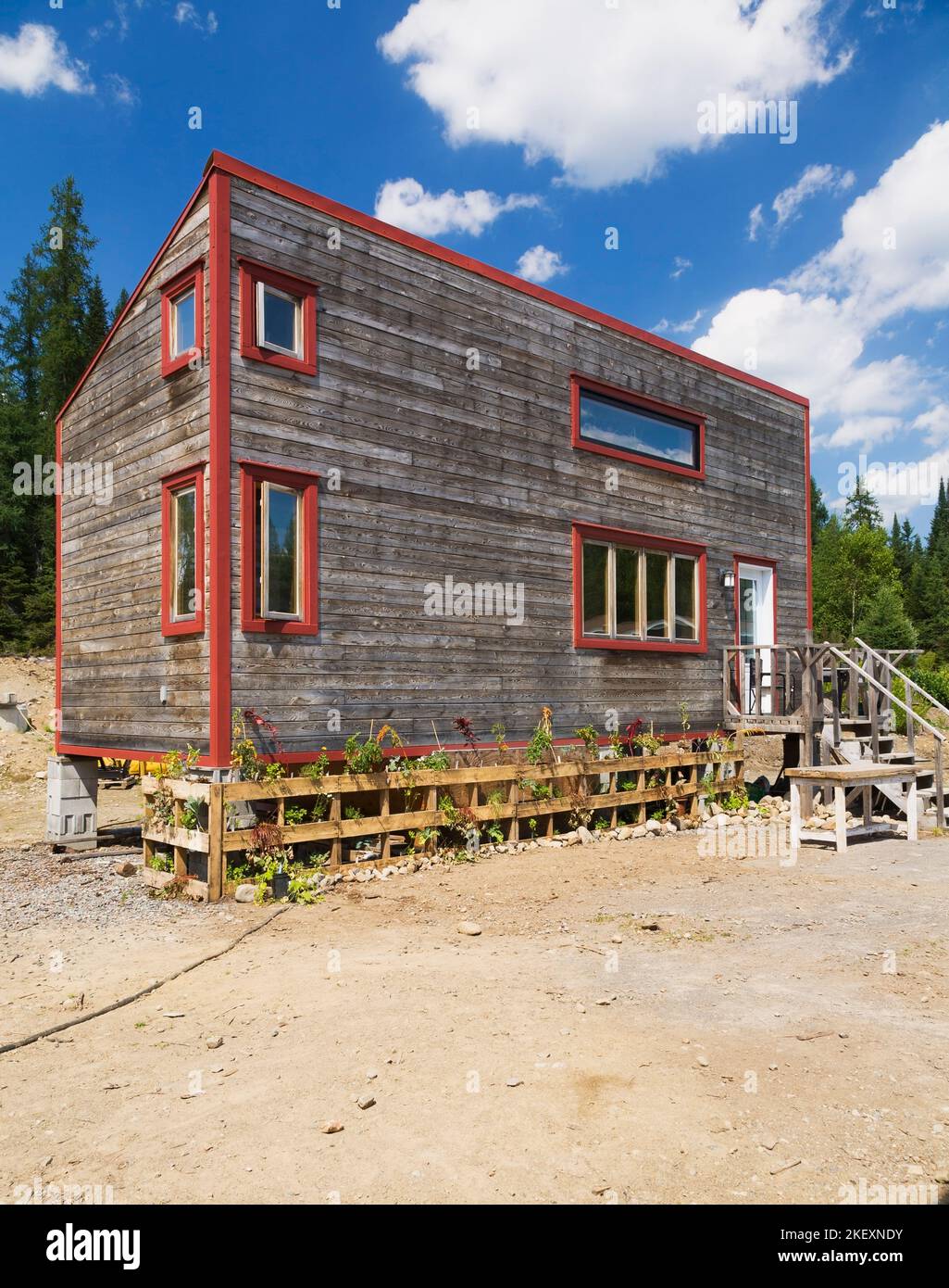 Rustic cottage style 11.5 x 32 foot mini house facade with sloped roof ...