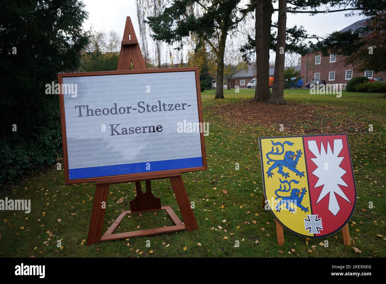 Kiel, Germany. 14th Nov, 2022. A sign reading "Theodor-Steltzer-Kaserne ...