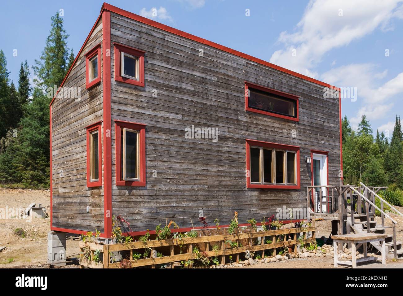 Rustic cottage style 11.5 x 32 foot mini house facade with sloped roof ...