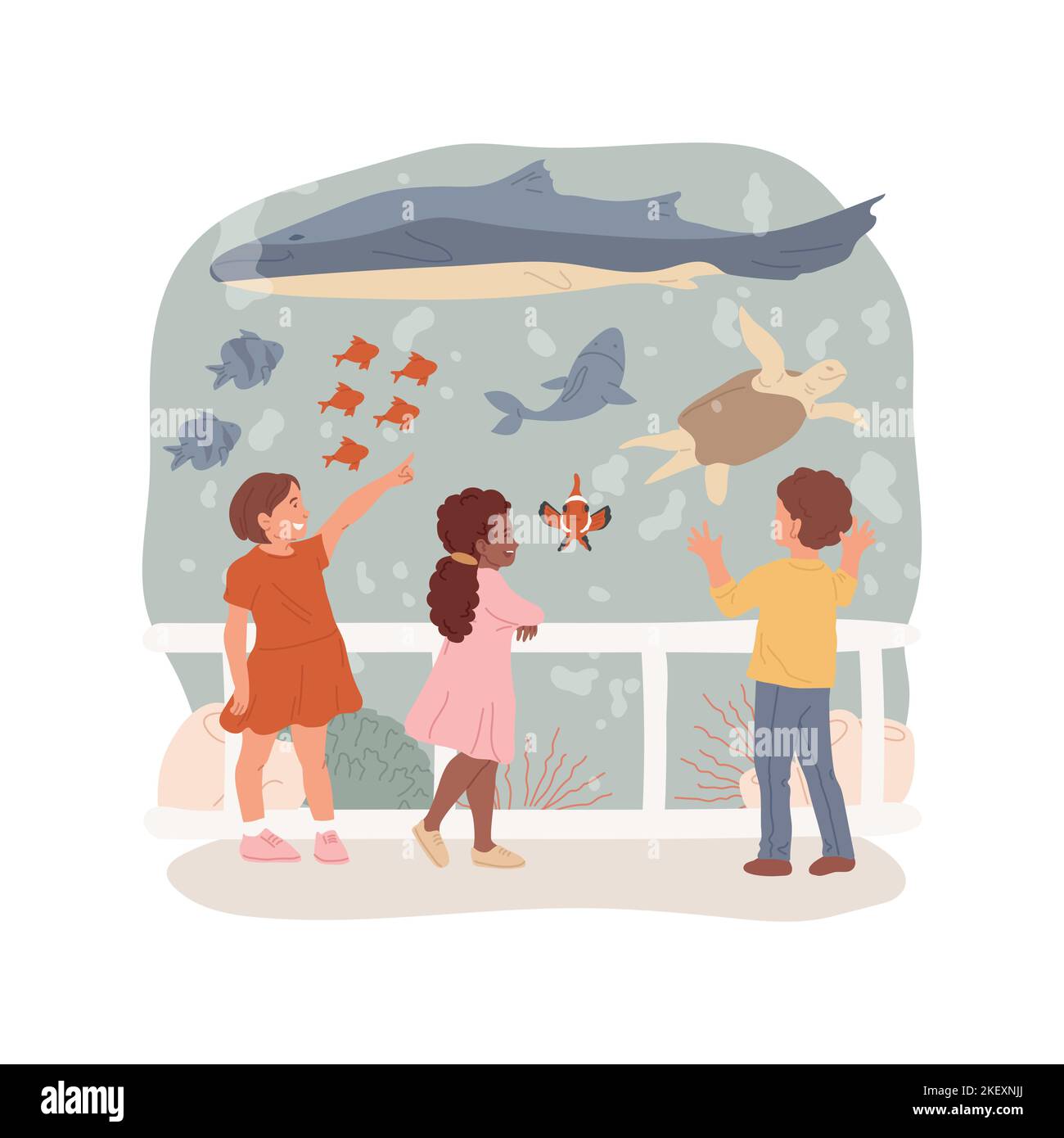 Aquarium trip isolated cartoon vector illustration. Children observe ...