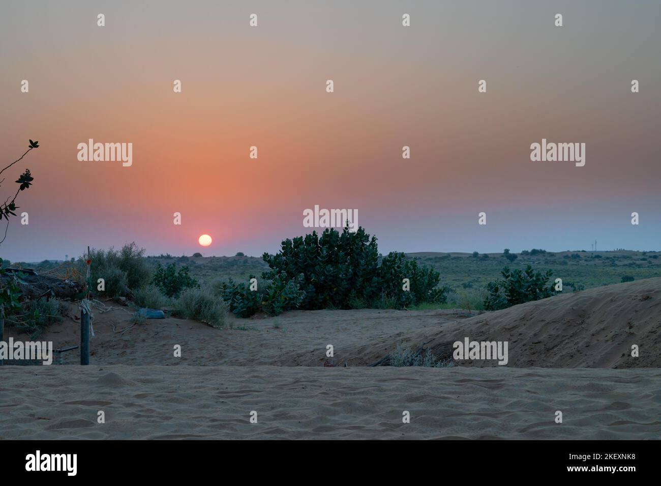 Sun rising at the horizon of Thar desert, Rajasthan, India. Tourists from across India visits to ...
