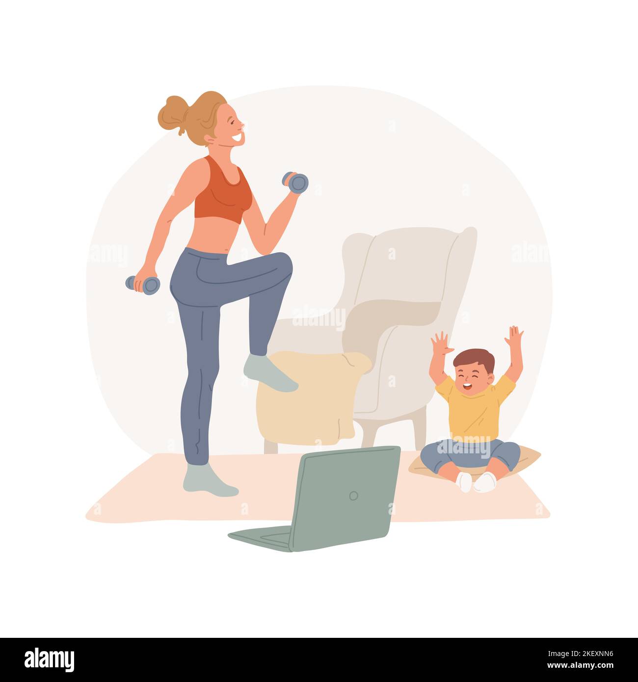 Online aerobics isolated cartoon vector illustration. Young mom doing ...