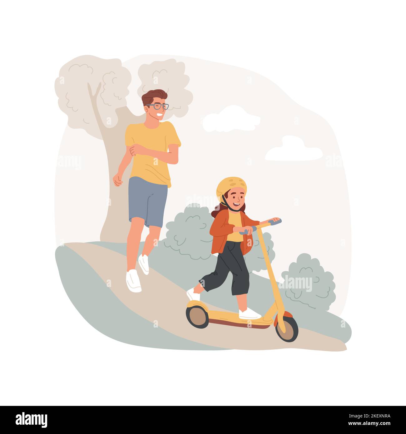 Learn to ride a scooter isolated cartoon vector illustration. Happy kid ...