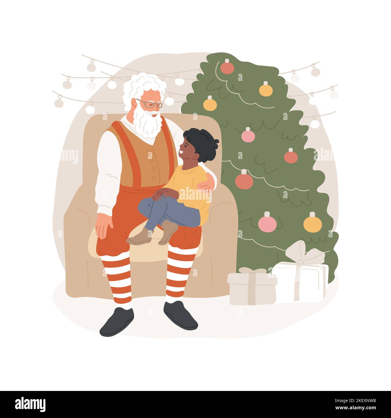 Make a wish isolated cartoon vector illustration. Kid sitting on Santas ...