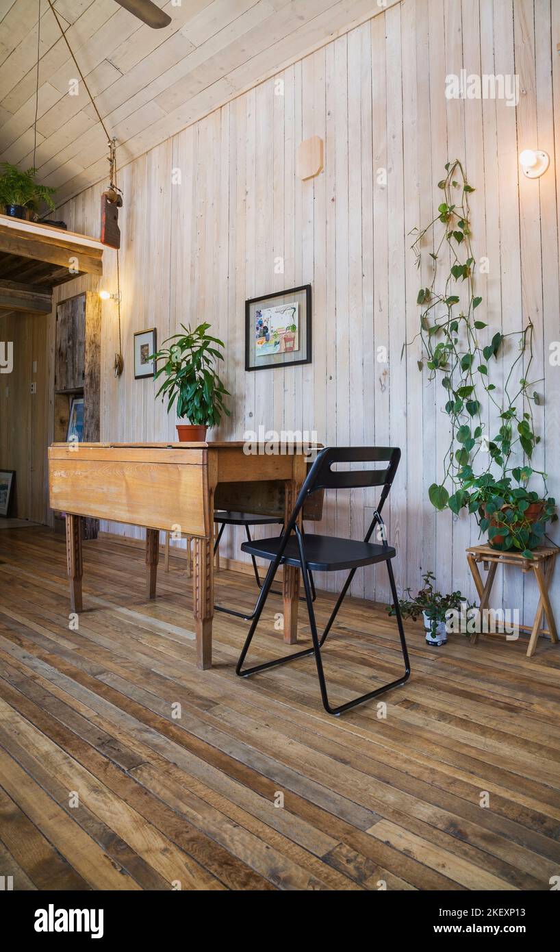 Wooden dining table with folding chairs inside rustic 11.5 x 32 foot ...