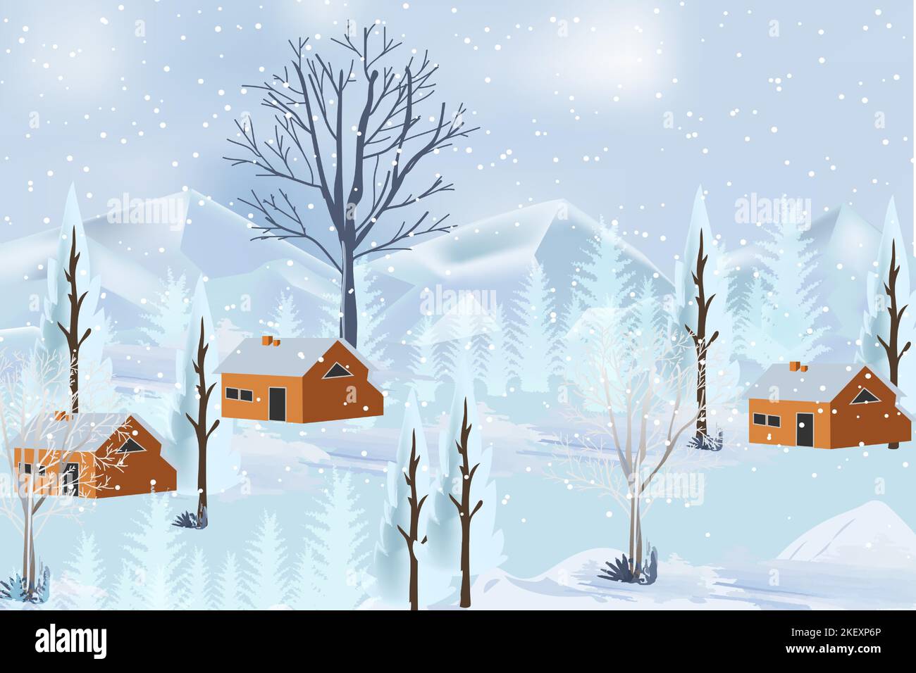 Winter mountains landscape with houses and trees on vector background ...