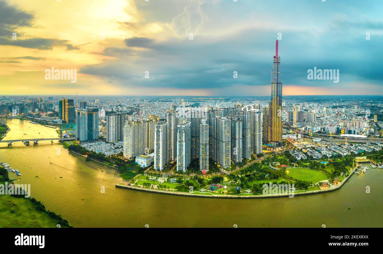 Top view aerial of center Ho Chi Minh city, Vietnam, beauty skyscrapers ...