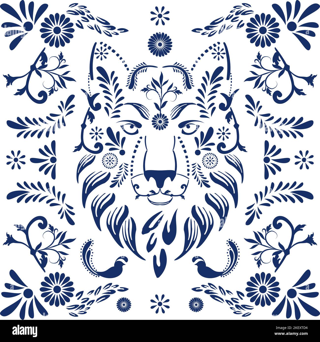 mexican talavera mosaic wolf head illustration in vector format Stock ...