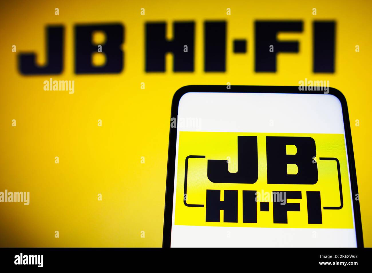 In this photo illustration, the JB Hi-Fi Limited logo seen displayed on ...