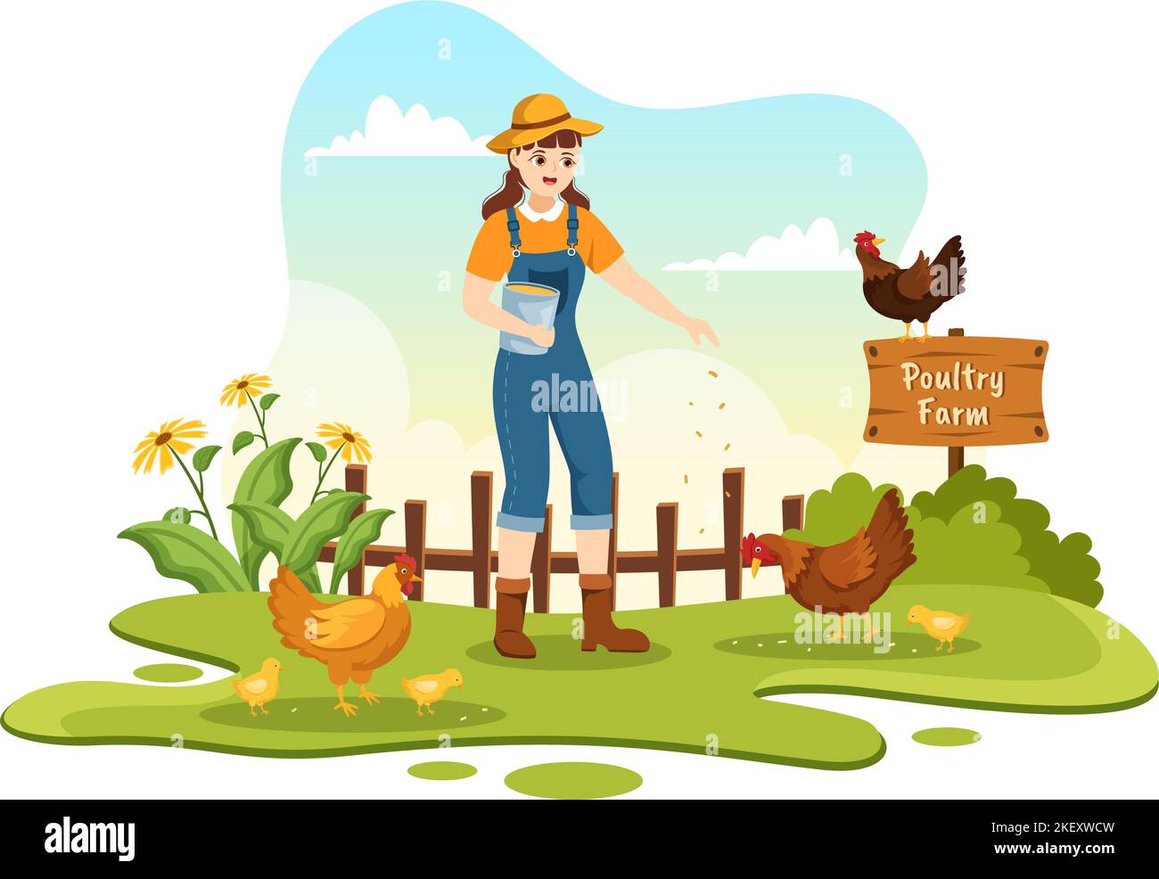 Poultry Farming with Farmer, Cage, Chicken and Egg Farm on Green Field ...