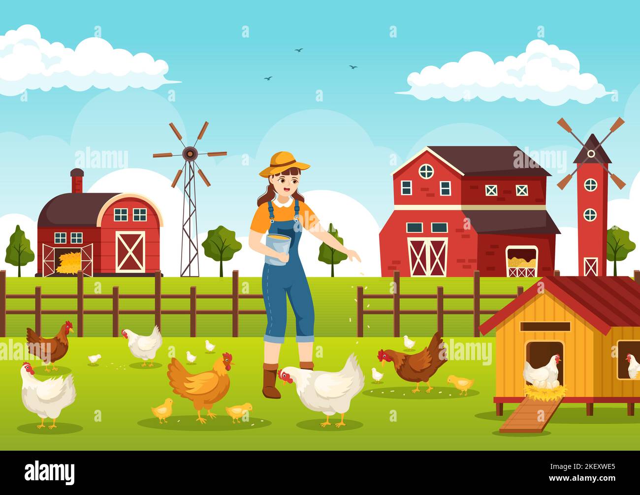 Poultry Farming with Farmer, Cage, Chicken and Egg Farm on Green Field ...