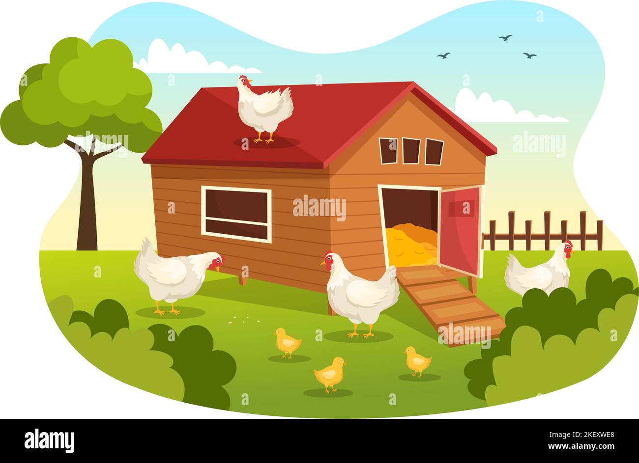 Poultry Farming with Farmer, Cage, Chicken and Egg Farm on Green Field ...