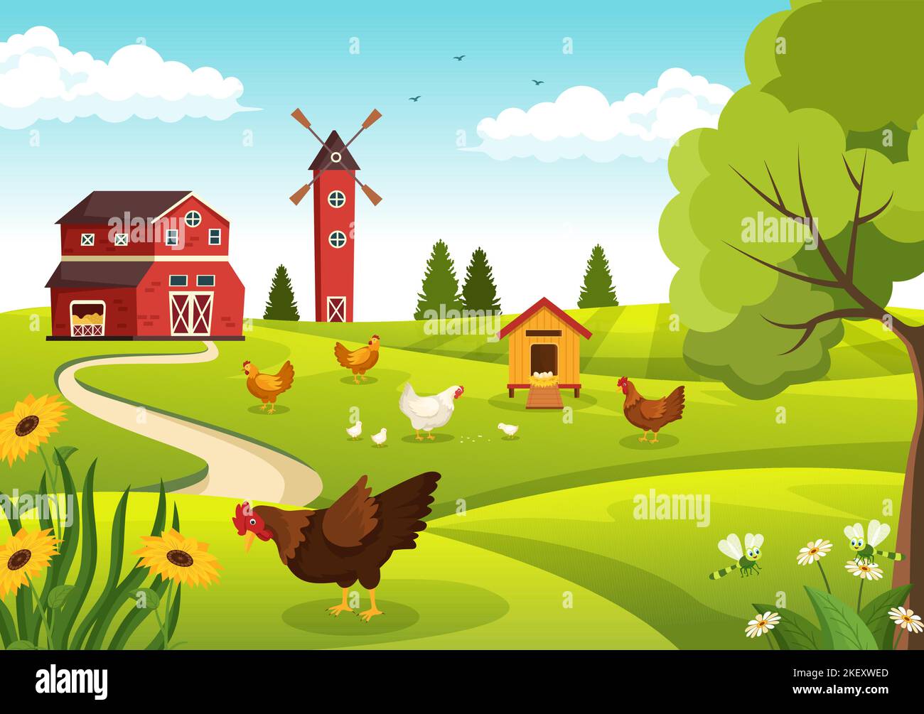 Poultry Farming with Farmer, Cage, Chicken and Egg Farm on Green Field ...