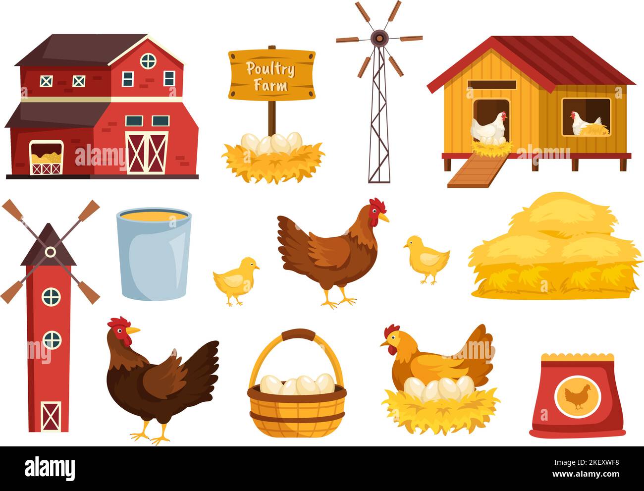 Poultry Farming with Farmer, Cage, Chicken and Egg Farm on Green Field ...