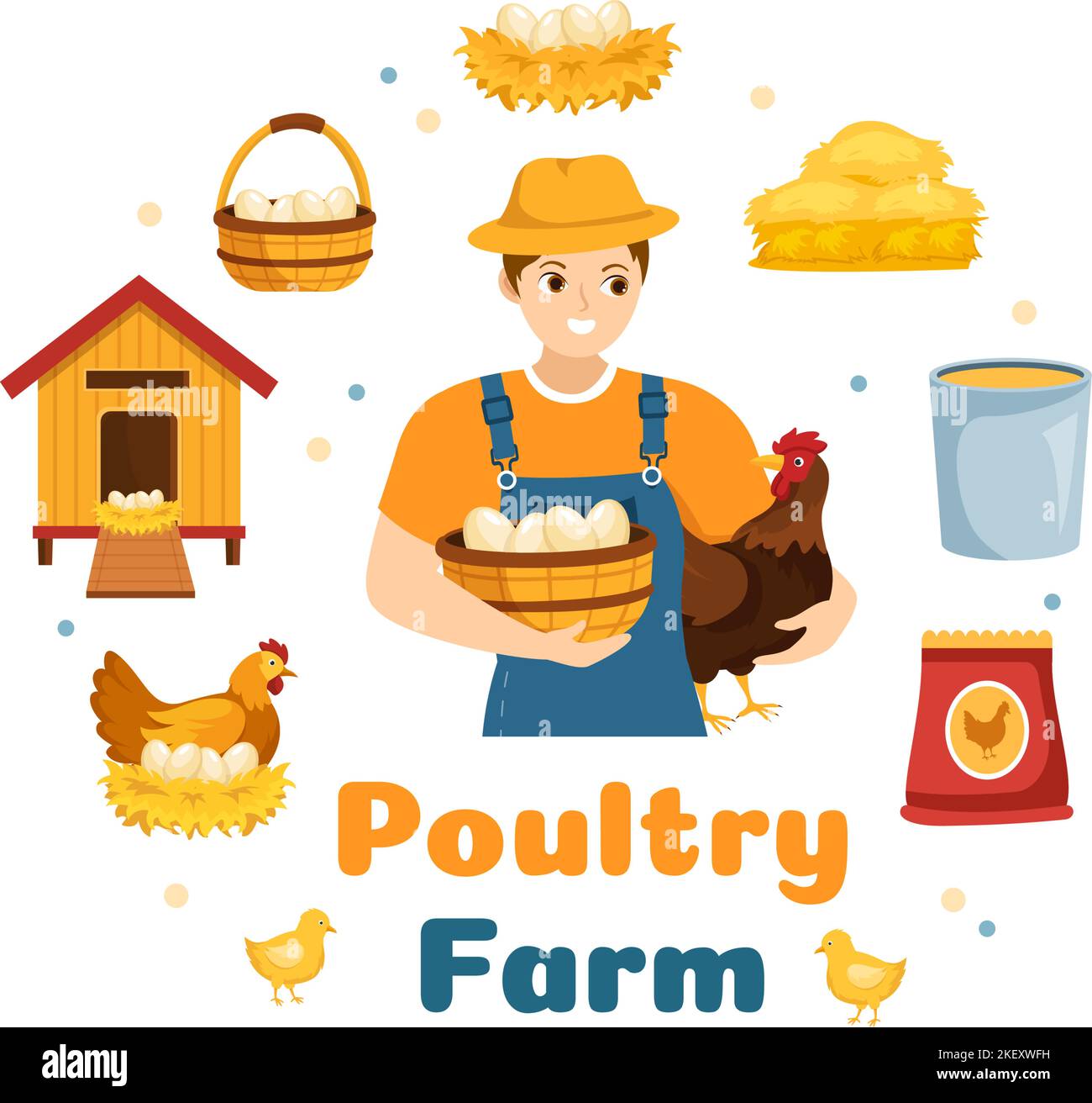 Poultry Farming with Farmer, Cage, Chicken and Egg Farm on Green Field ...