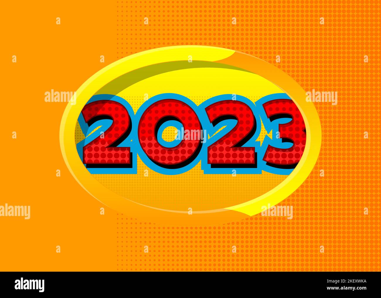 Superhero coat of arms showing Happy New Year 2023 icon. Colorful comic ...