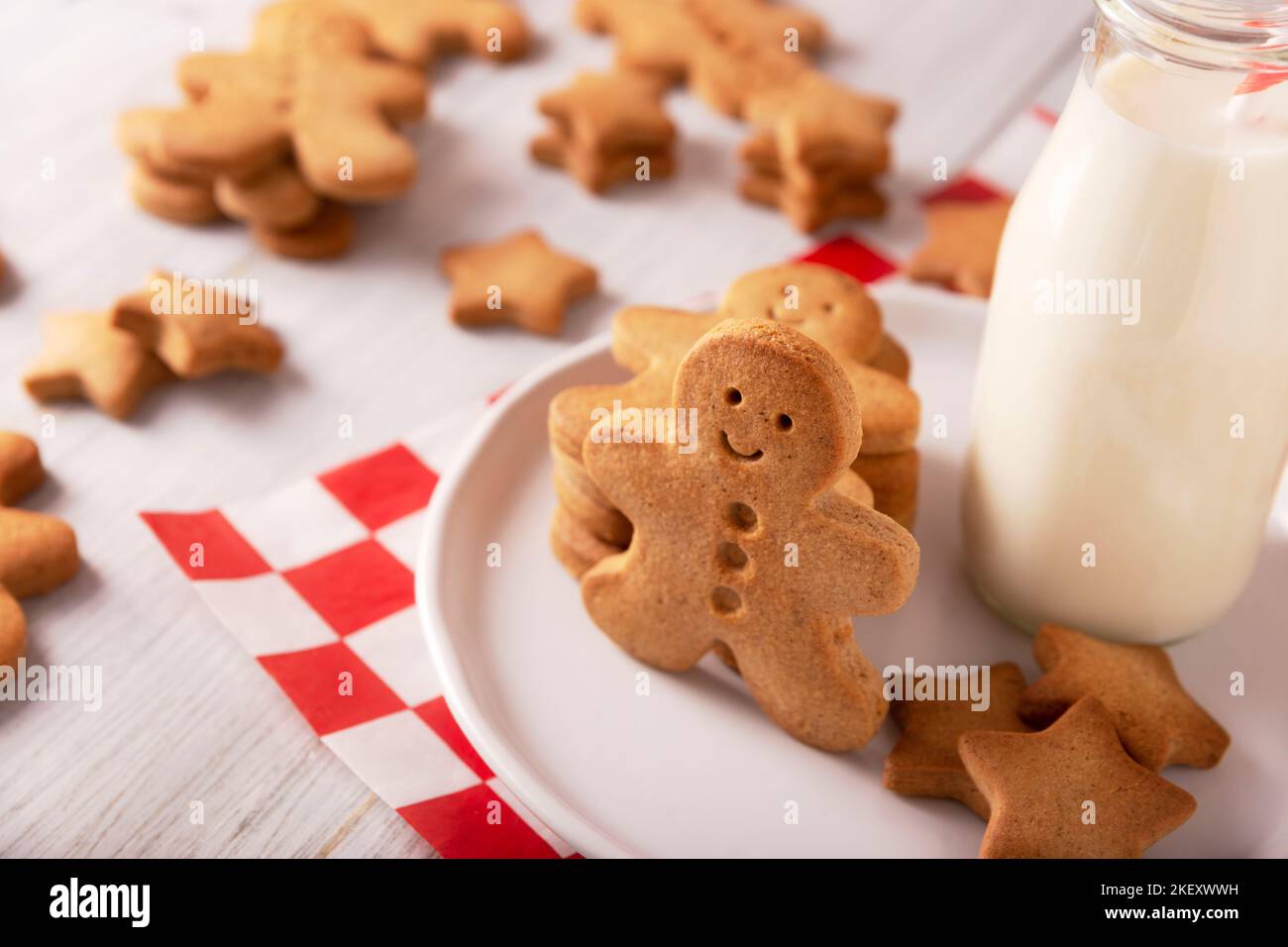 Homemade gingerbread man cookies and milk, traditionally made at ...