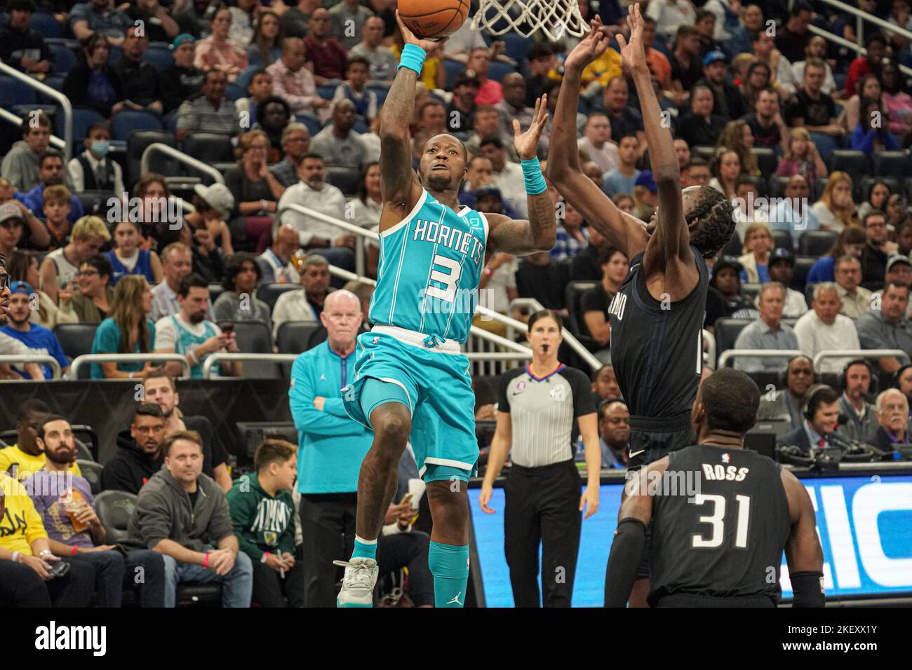 Orlando, Florida, USA, November 14, 2022, Charlotte Hornests Guard Terry Rozier #3 attempt to ...