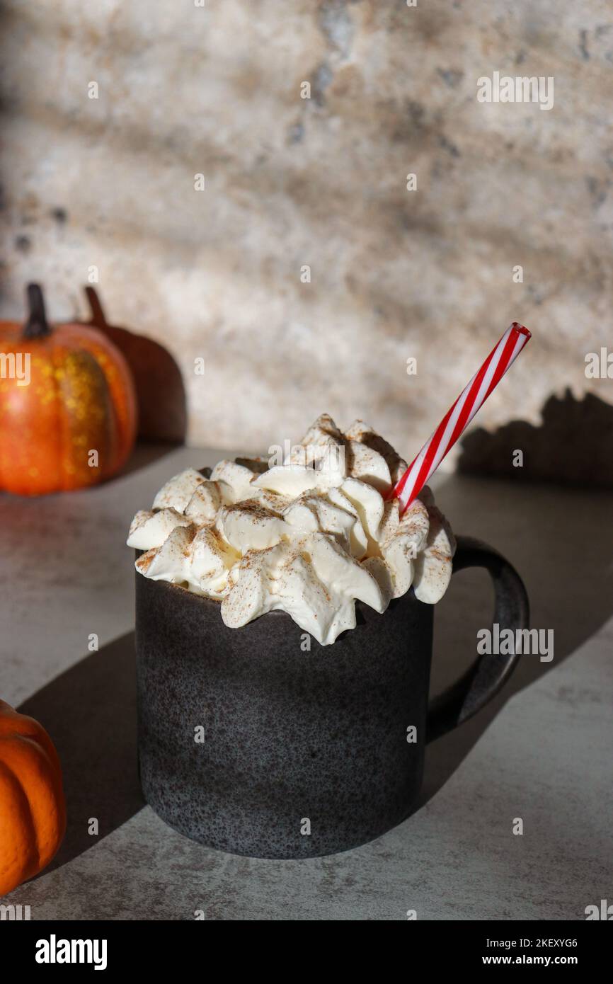 pumpkin cinnamon spice latte on grey marble table, pumpkins in ...
