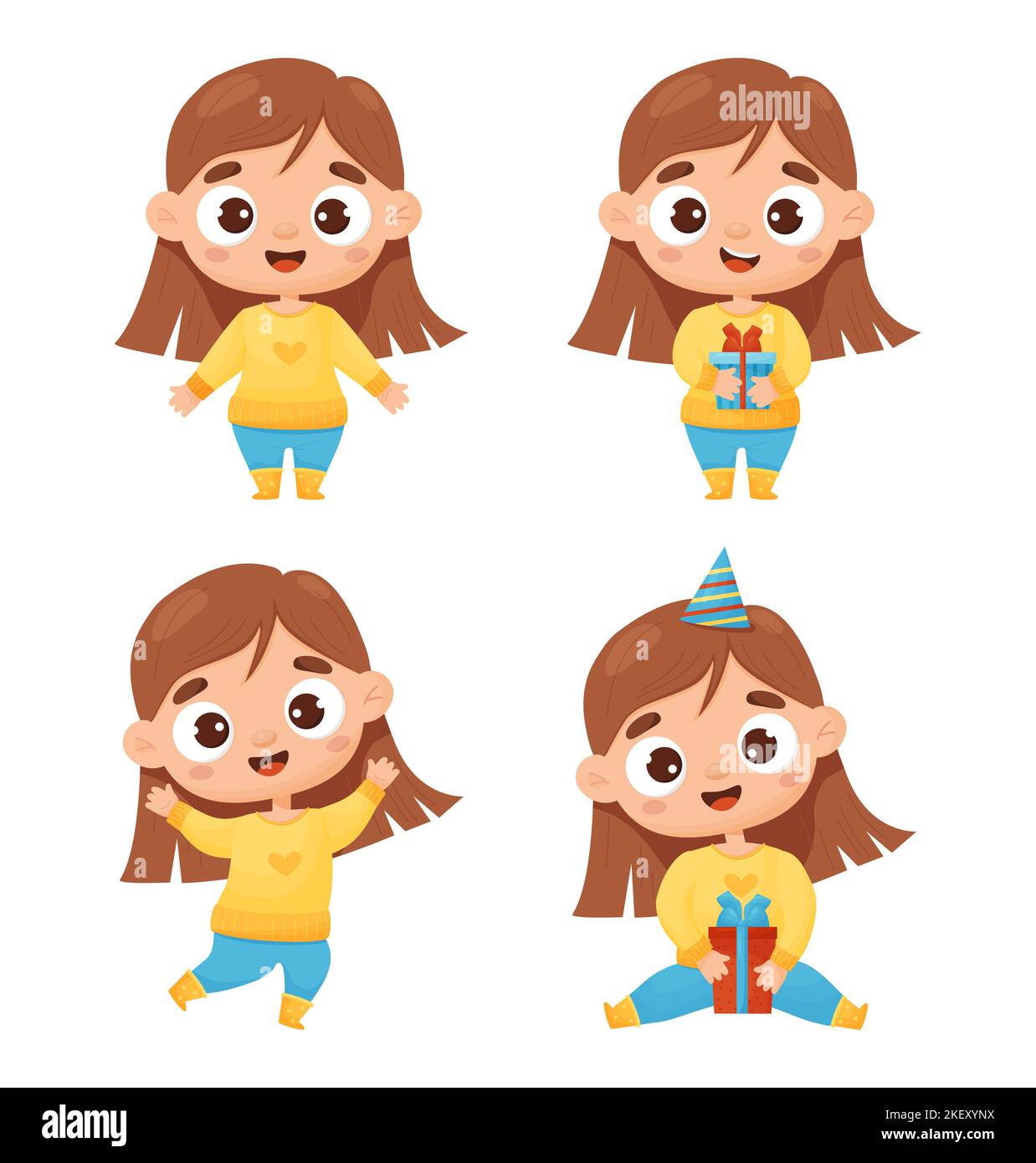 Cute girl collection. Happy child, birthday boy with gift, sits and ...