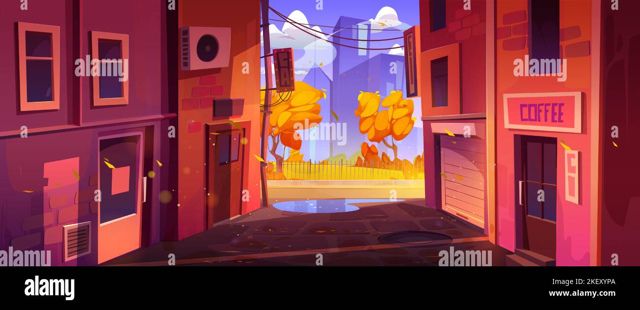 Empty back alley and city street with houses at autumn. Town fall ...