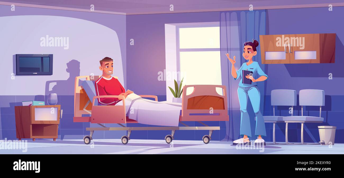 Hospital ward with patient on adjustable bed and woman doctor. Clinic ...