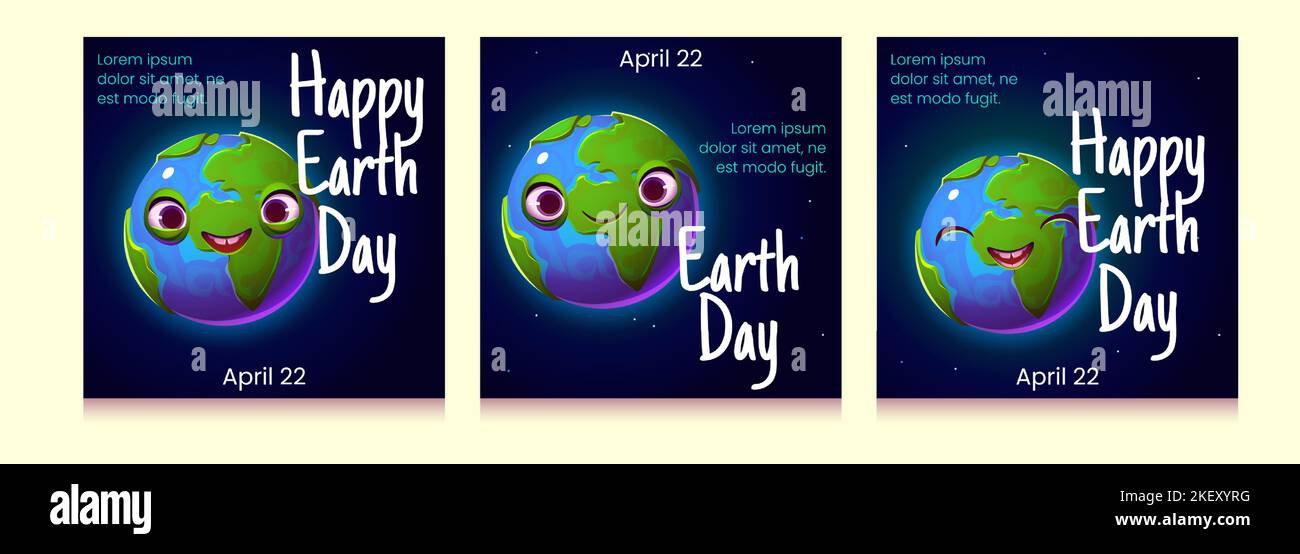 Happy Earth day posters, cute cartoon planet character with smiling ...