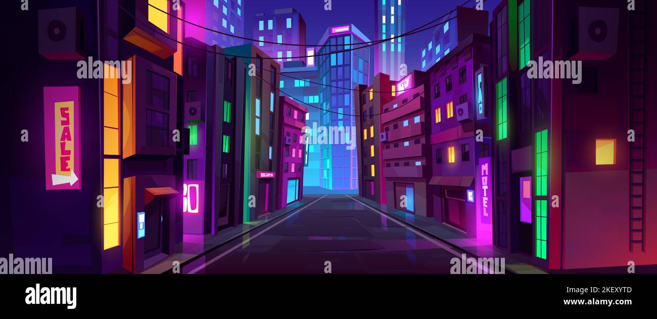 City street with houses and buildings with glowing windows at night ...