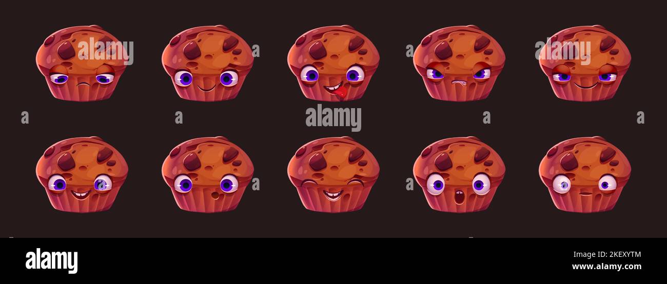 Emoji set with cute cake character. Funny cupcake with chocolate ...