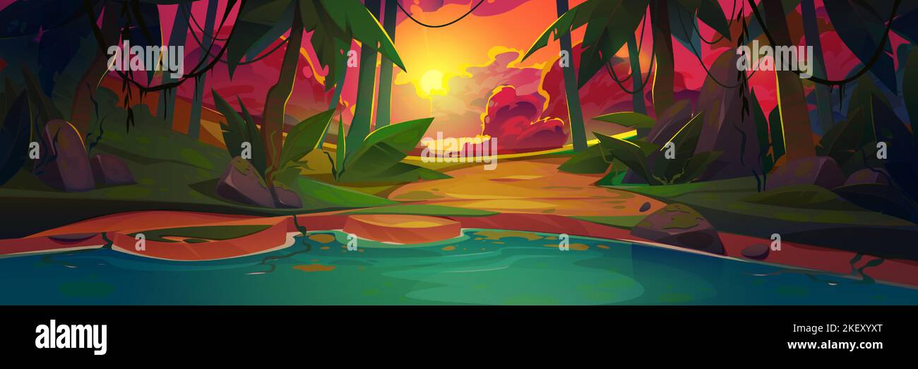 Sunset tropical jungle forest swamp or lake cartoon natural landscape ...