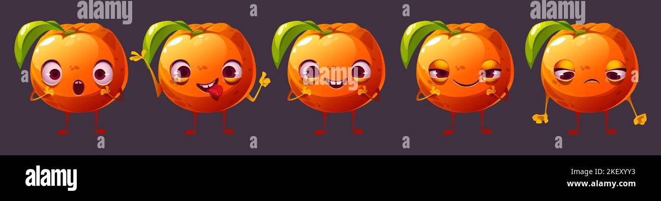 Cute orange cartoon character face emoji set. Funny citrus fruit ui ...